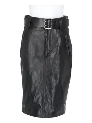 Saint Laurent Calfskin Belted Pencil Skirt - Black
