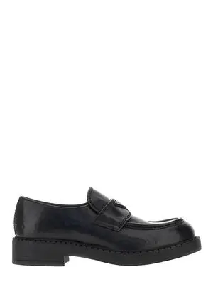 Prada Hammered Leather Triangle Logo Loafers - Black