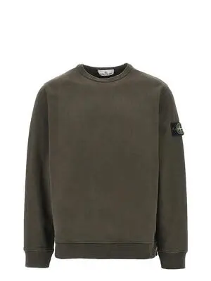 Stone Island Crewneck Cotton Weathirt With Logo Badge - Green