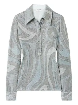 Emilio Pucci Emilio Pucci Printed Metallic Jersey Polo Shirt Silver