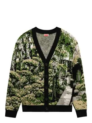 Kenzo Japanese Garden Cardigan In Cotton Wool - Deep Khaki