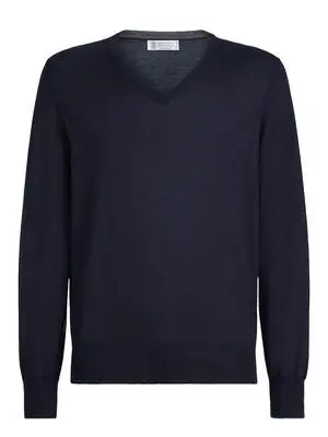 Brunello Cucinelli Brunello Cucinelli Cashmere-Silk V-Neck Sweater Blue
