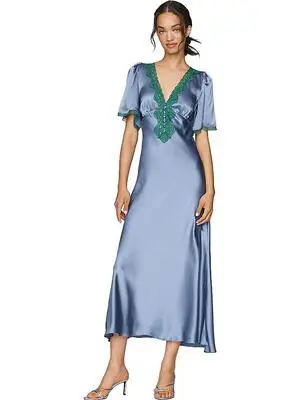Anthropologie 100% Silk Sat Lace-trim Maxi Dress - Blue