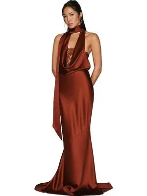 Retrofete Retrofete Melly Draped Halter Satin Maxi Dress Deep Red