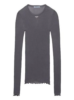 Prada Logo-plaque Ribbed Silk Top - Grey