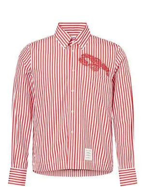 Thom Browne Lobster-embroide Striped Cotton Shirt - Red