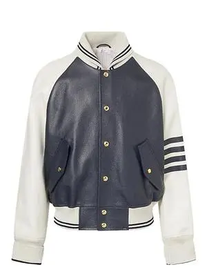Thom Browne Oversized Contrast-sleeve Leather Jacket - Navy