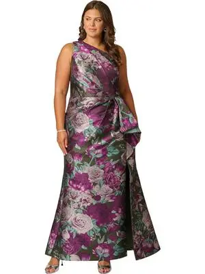 Adrianna Papell One Shoulder Rose Garden Jacquard Mermaid Gown - Green Multi