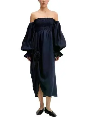 Sleeper Off-shoulder Smocked Midi Dress - Blue