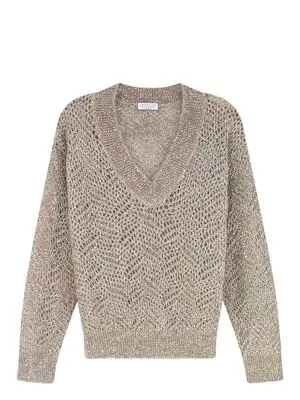 Brunello Cucinelli Brunello Cucinelli Sequin-Embellished Open-Knit V-Neck Sweater Neutrals
