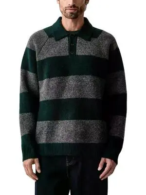 LES DEUX Striped Long-sleeve Polo Sweater - Green