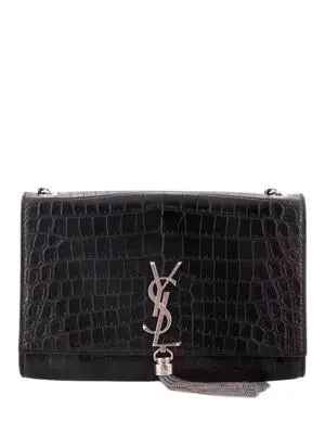 Saint Laurent Classic Monogram Tassel Crocodile Embossed Leather Medium Crossbody Bag - Black