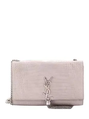 Saint Laurent Classic Monogram Tassel Crocodile Embossed Leather Medium Crossbody Bag - Grey