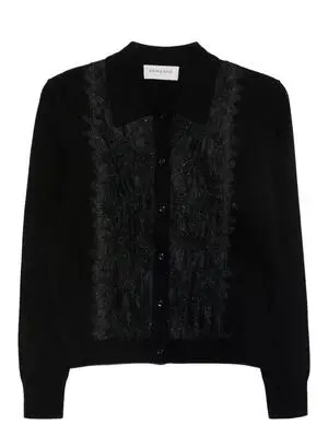 ERMANNO FIRENZE Lace-panelled Polo-collar Cardigan - Black