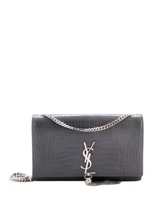 Saint Laurent Classic Monogram Tassel Crocodile Embossed Leather Medium Crossbody Bag - Grey