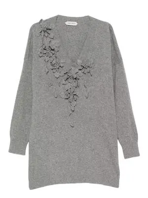 Alberta Ferretti Floral-appliqué V-neck Sweater - Grey