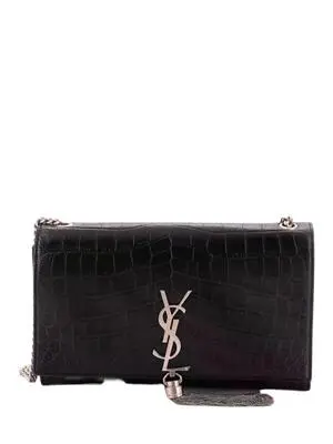 Saint Laurent Classic Monogram Tassel Crocodile Embossed Leather Medium Crossbody Bag Black