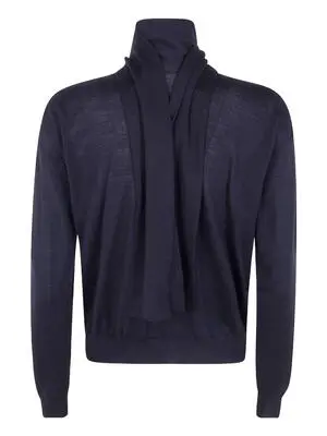 NUUR Scarf Detail V-neck Pullover Sweater - Black