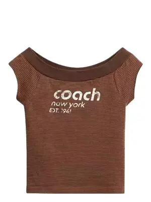 COACH Striped Wide Neck T-shirt In Organic Cotton - Brown