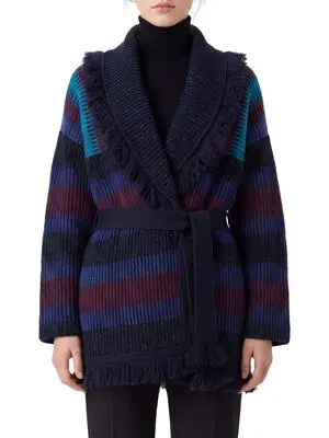 Giorgio Armani Striped Fringe Belted Sweater - Multicolor