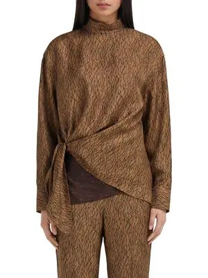 FERRAGAMO Abstract Print Draped Silk Blouse - Brown