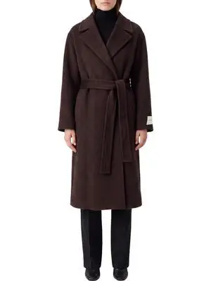 Calvin Klein Knee-length Wool-blend Robe Coat With Waist Belt - Brown