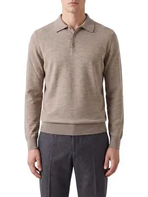 Brioni Long-sleeved Polo Shirt In Cashmere And Silk Beige