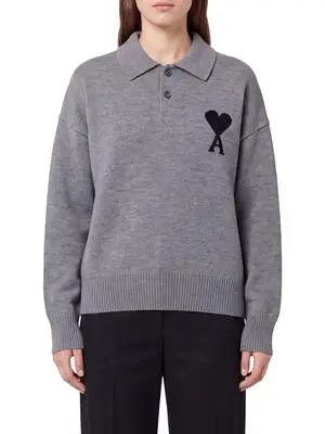AMI Paris AMI Long-Sleeved Knit Cotton Polo With De Coeur Monogram Logo Beige