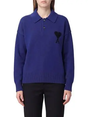 AMI Paris Long-sleeved Knit Cotton Polo With De Coeur Monogram Logo - Blue