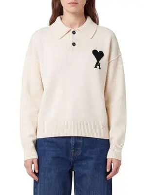 AMI Paris AMI Long-Sleeved Knit Cotton Polo With De Coeur Monogram Logo Ecru