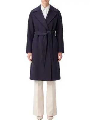 Max Mara Belted Virgin Wool Robe Coat With Dropped Shoulders Blue