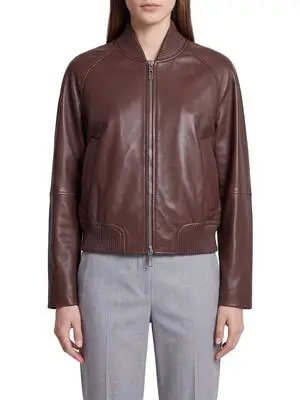 Sportmax Amour Cropped Lambskin Bomber Jacket With Zip Closure Brown