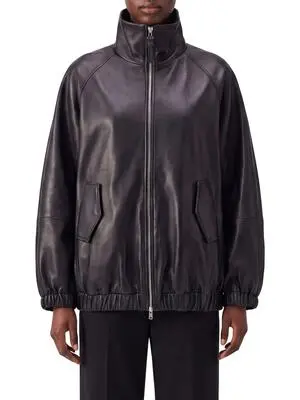 Brunello Cucinelli Relaxed Fit Lambskin Leather Bomber Jacket With High Neck - Grey