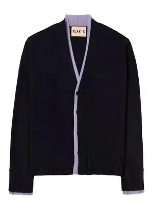 Plan C Contrast-trim Merino Cardigan - Blue