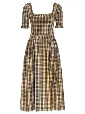 DAMSON MADDER Damson Madder Emmy Shirred Checked Midi Dress