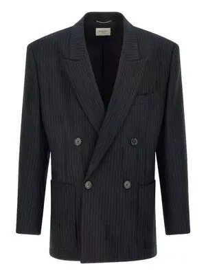 Saint Laurent Double-breasted Jacket In Pin-dot Stripe Wool Gabardine - Blue