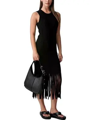 Dkny Ribbed-knit Fringe-trim Midi Dress - Black