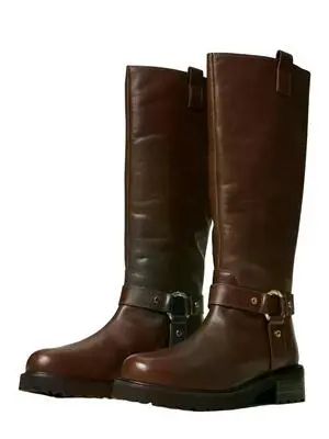 TWINSET Leather High Biker Boots With Ring - Brown