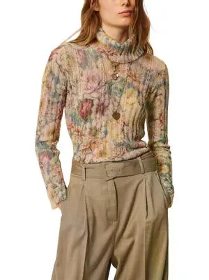 TWINSET Floral-print Open-knit Sweater - Neutrals