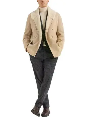 BRUNELLO CUCINELLI Brunello Cucinelli Suede Curly Shearling Pea Coat With Shawl Collar