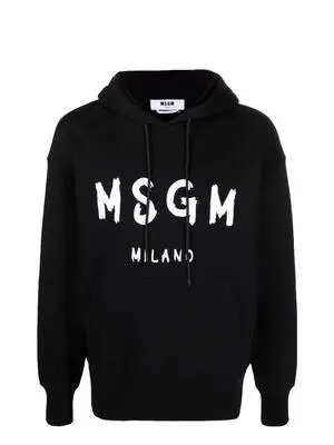 MSGM Logo Printed Drawstring Hoodie - Black