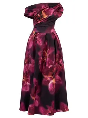 GIRL IN MIND Betty Asymmetric Neckline Floral Skater Midi Dress Plum Floral - Red