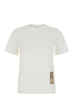 Burberry T-shirt With Logo Patch With Check Motif On The Front In White Cotton For - Multicolor
