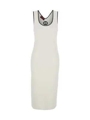 Gucci White Long Dress With Round Neck And Gg Embroidery On The Back In Viscose Blend - Multicolor