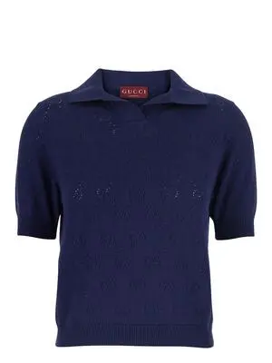 Gucci Blue Polo Shirt With Wide Collar And Gg All-over Embroidery In Cotton For - Multicolor