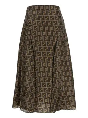 Fendi Brown Midi Flared Skirt With Ff All-over Motif In Silk For - Multicolor