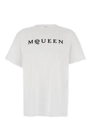 Alexander McQueen White Crewneck T-shirt With Logo Lettering On The Front In Cotton - Multicolor