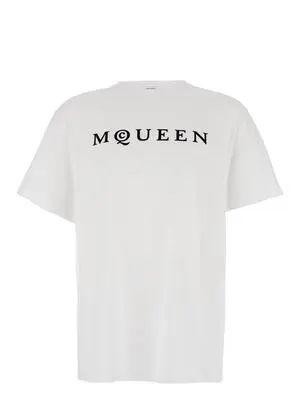 Alexander McQueen White Crewneck T-shirt With Logo Lettering On The Front In Cotton - Multicolor