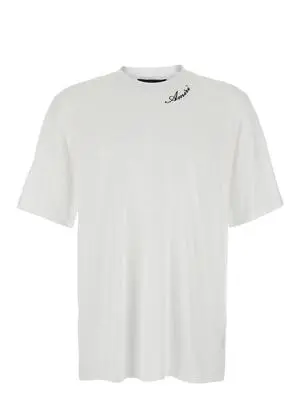 Amiri White Crew Neck T-shirt With Wide Short Sleeves And Logo Lettering Embroidery On The Neck In Tech Fabric For - Multicolor