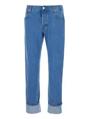 Gucci Blue Jeans With Logo Patch On The Rear And Web Turn-up Hem In Denim - Multicolor